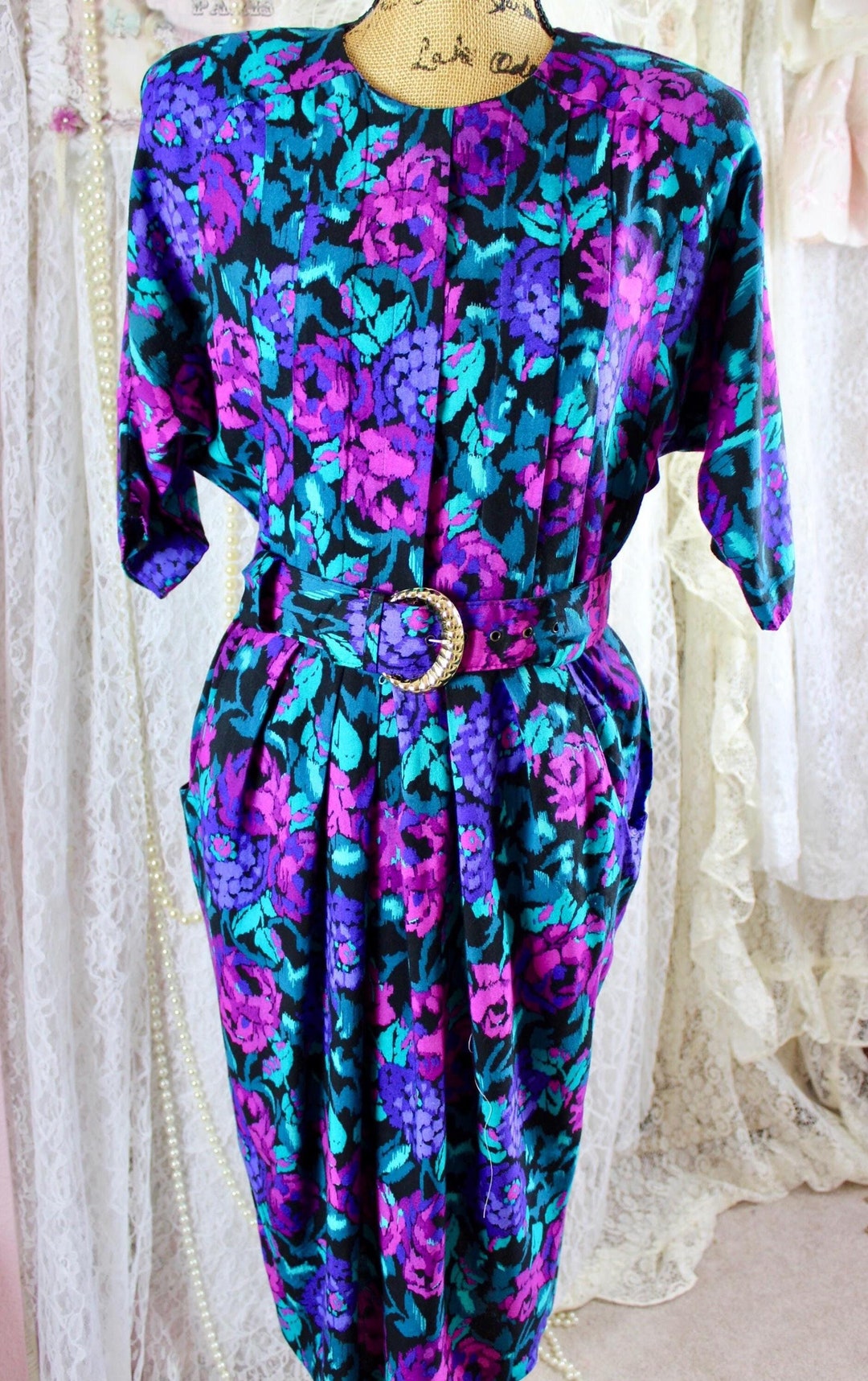 Vintage 80s Bold Floral Pattern Midi Dress, Pleated Front, Padded ...