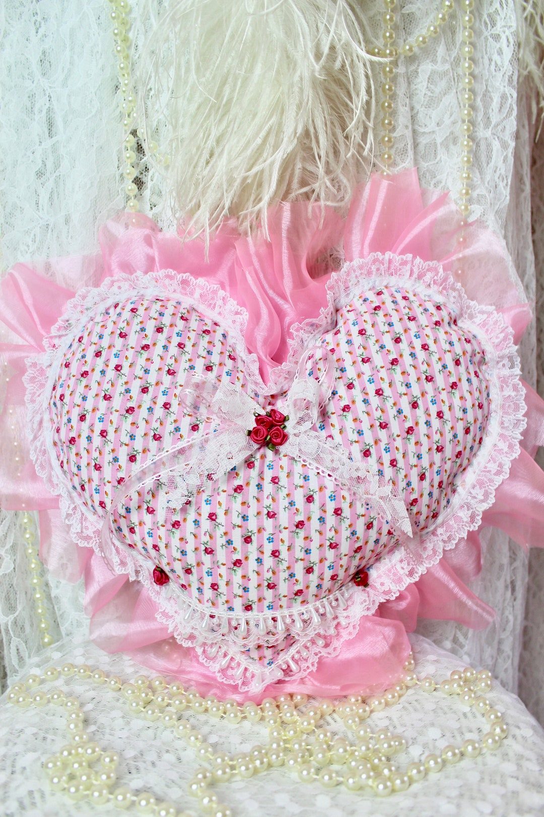 Shabby Chic Ruffle Heart Pillow, Decorative Heart Pillows, Home Decor ...