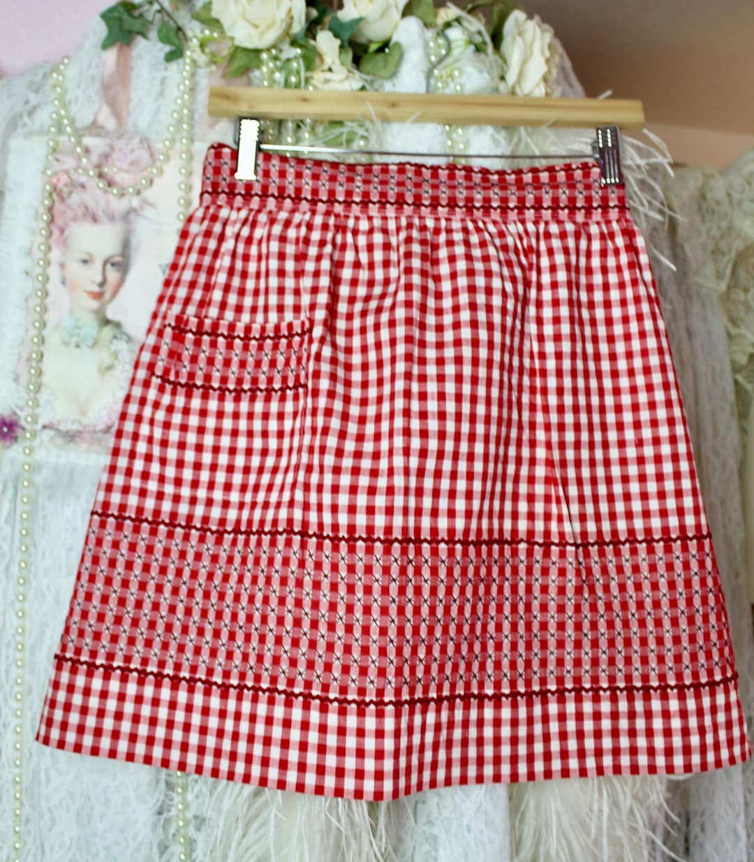Vintage Checkered Red/white Half Kitchen Apron, Crossed Stitching, Cute ...