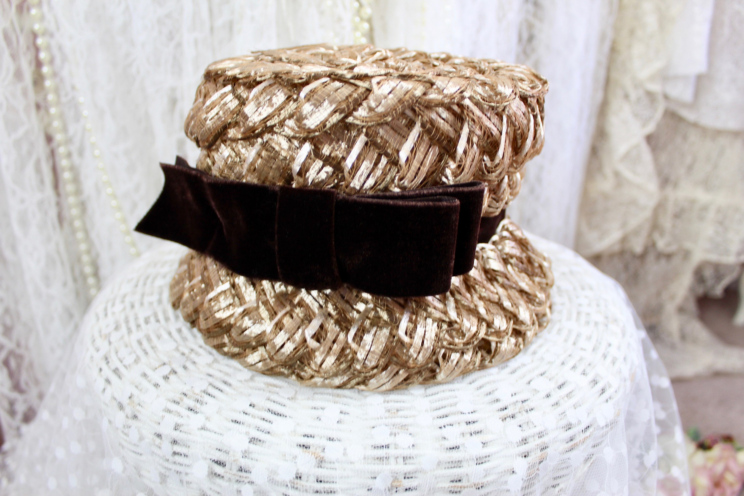 Vintage Beautiful 60s Sears Millinery Hat, Raffia Cloche Hat, Velvet ...