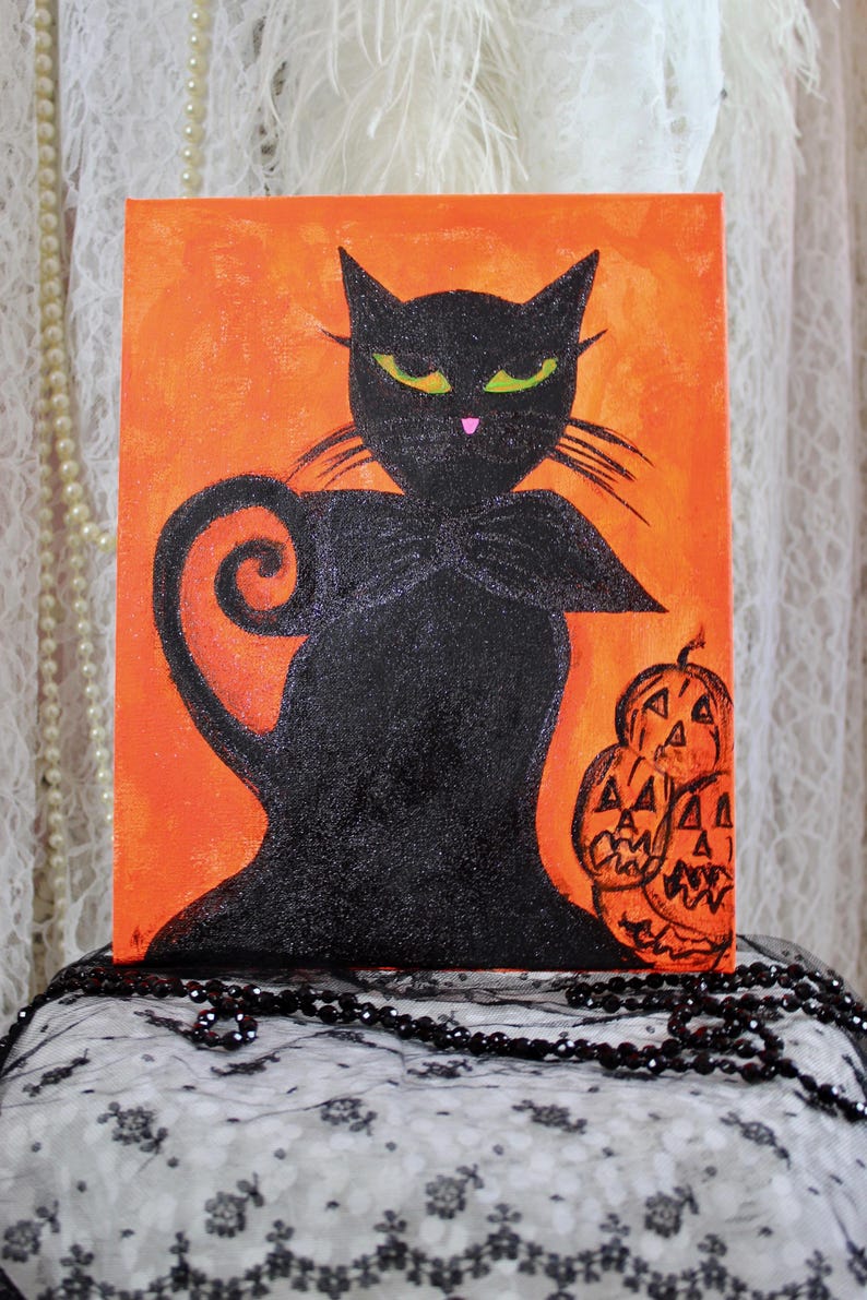 Hand Painted Original Black Cat, Acrylic Painting on Canvas, Halloween ...