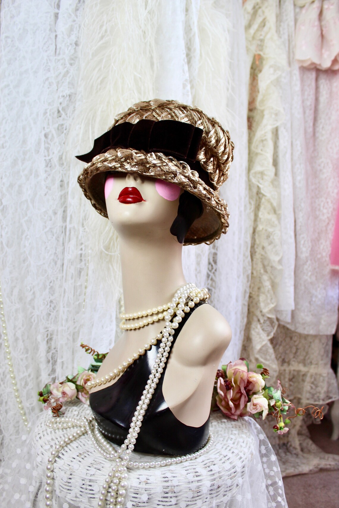 Vintage Beautiful 60s Sears Millinery Hat, Raffia Cloche Hat, Velvet ...