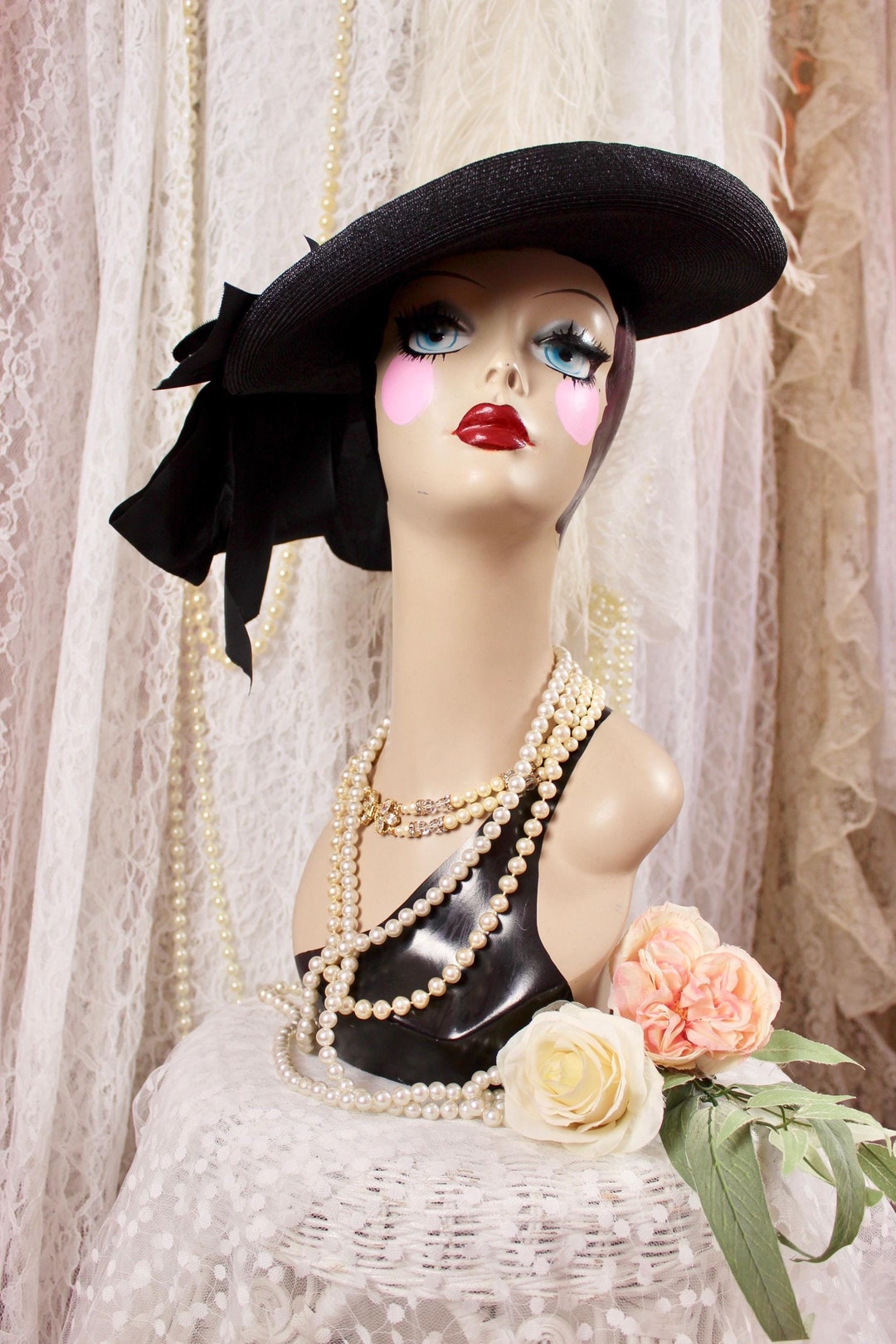 Vintage Black Wide Brim Hat, Fine Raffia, Decorated Bow Ribbon, Hair ...