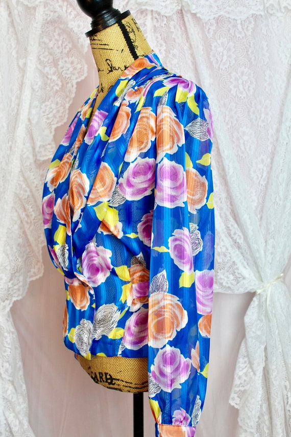Vintage 90s Claude Sheer Colorful Floral Blouse, Padd… - Gem