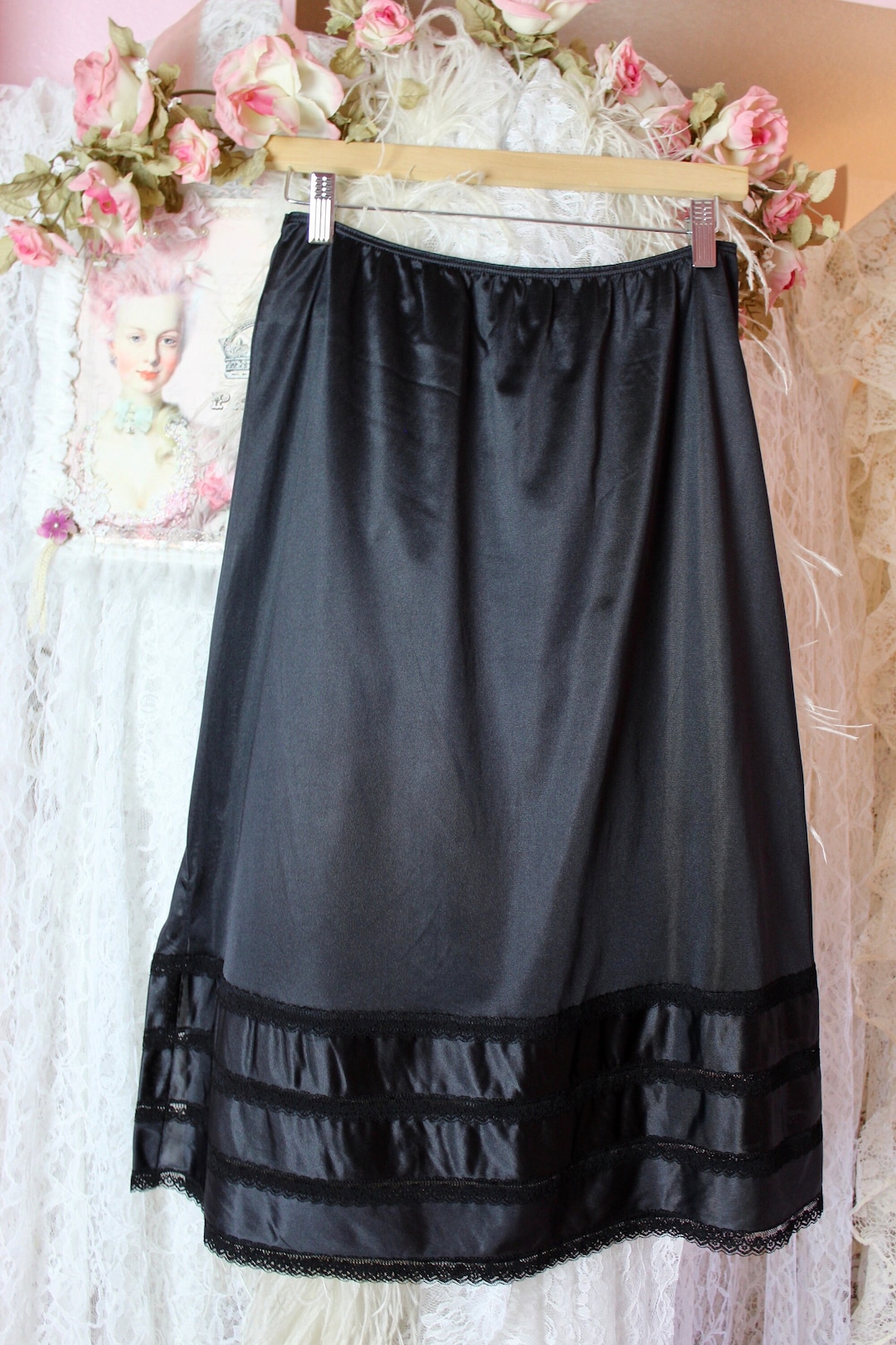 Vintage 70s 80s Black Romantic Lace Long Layered Slip, Half Slips ...