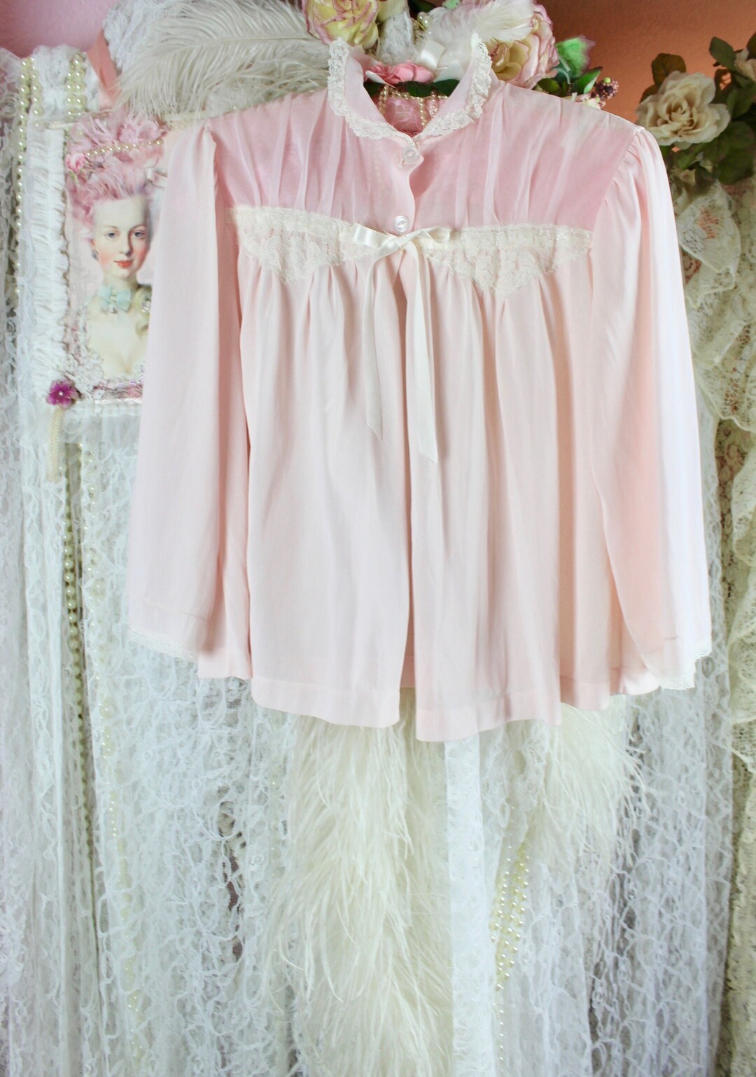 Vintage 60s Beautiful Light Pink Bed Jacket, Lovely Lingerie, Ruffled ...