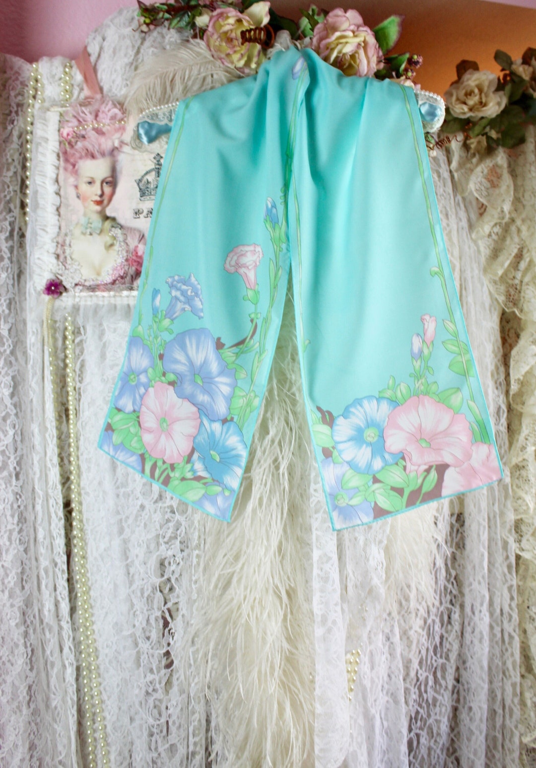 Vintage 80s Avon Aqua Floral Scarf, Silkscreened in Japan, Headscarf ...