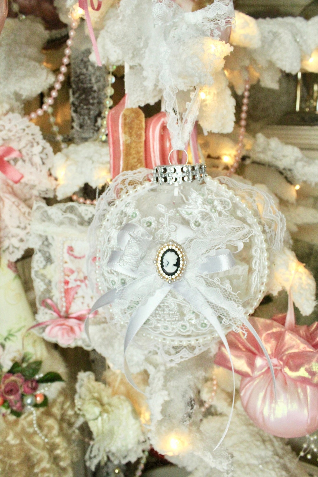 Romantic Christmas Tree Ornaments, Handmade, Vintage Lace & Ribbons ...