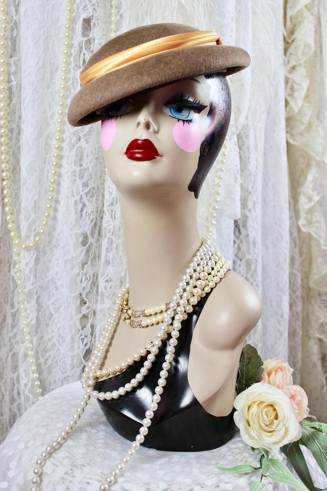 Vintage 50s Classic Original Caroline Wool Hat, Satin Gold Trims ...