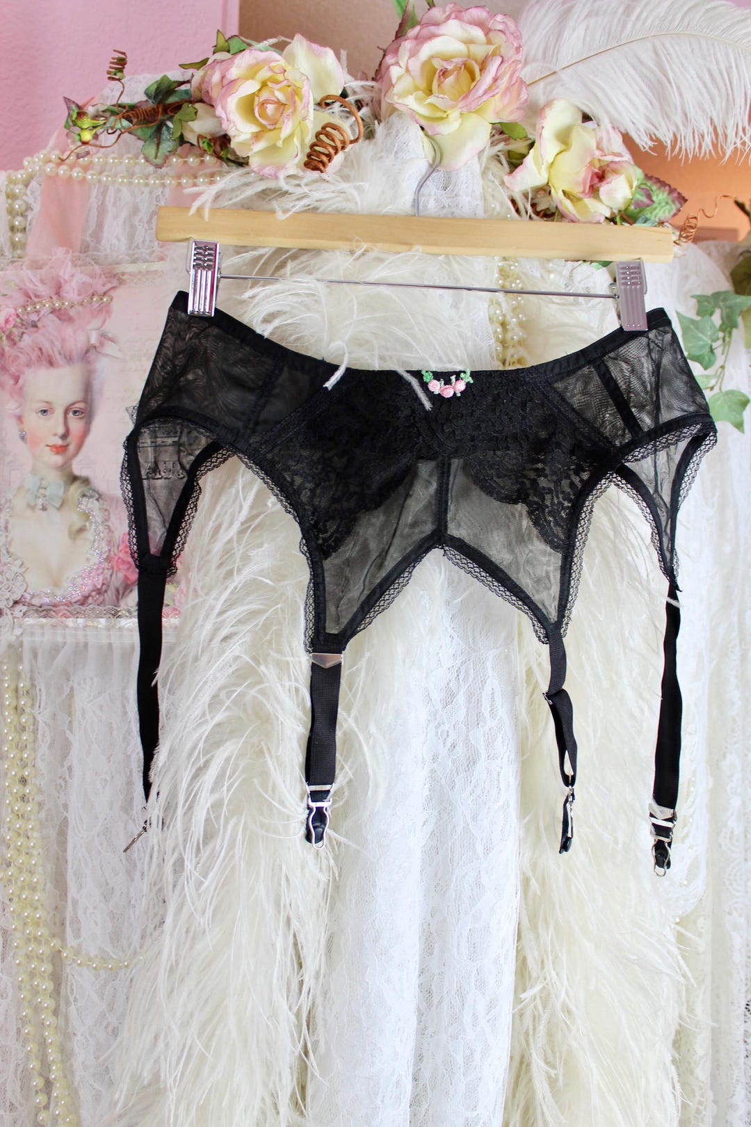 Vintage 50s 60s Black Lace Garter Belt by Lucille of Hollywood, Floral ...