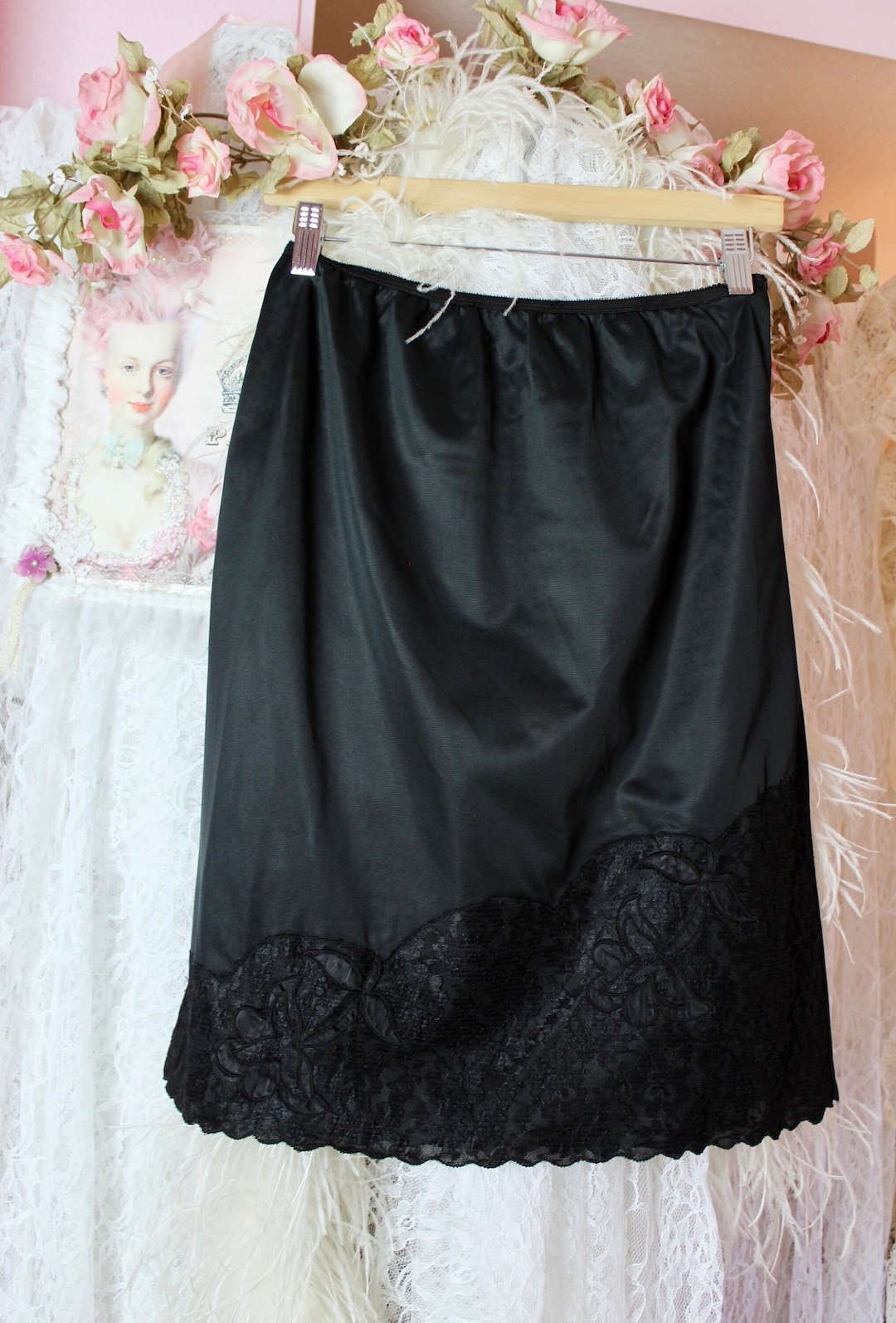Vintage 50s Exquisite Black Floral Lace Half Slip, Embroidered Floral ...