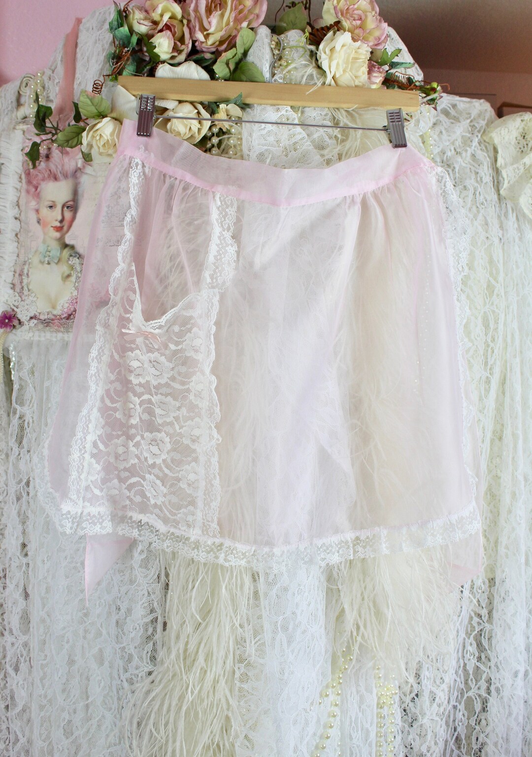 Vintage Pastel Pink Lace Half Kitchen Apron, Lace Front Pocket, Sheer ...