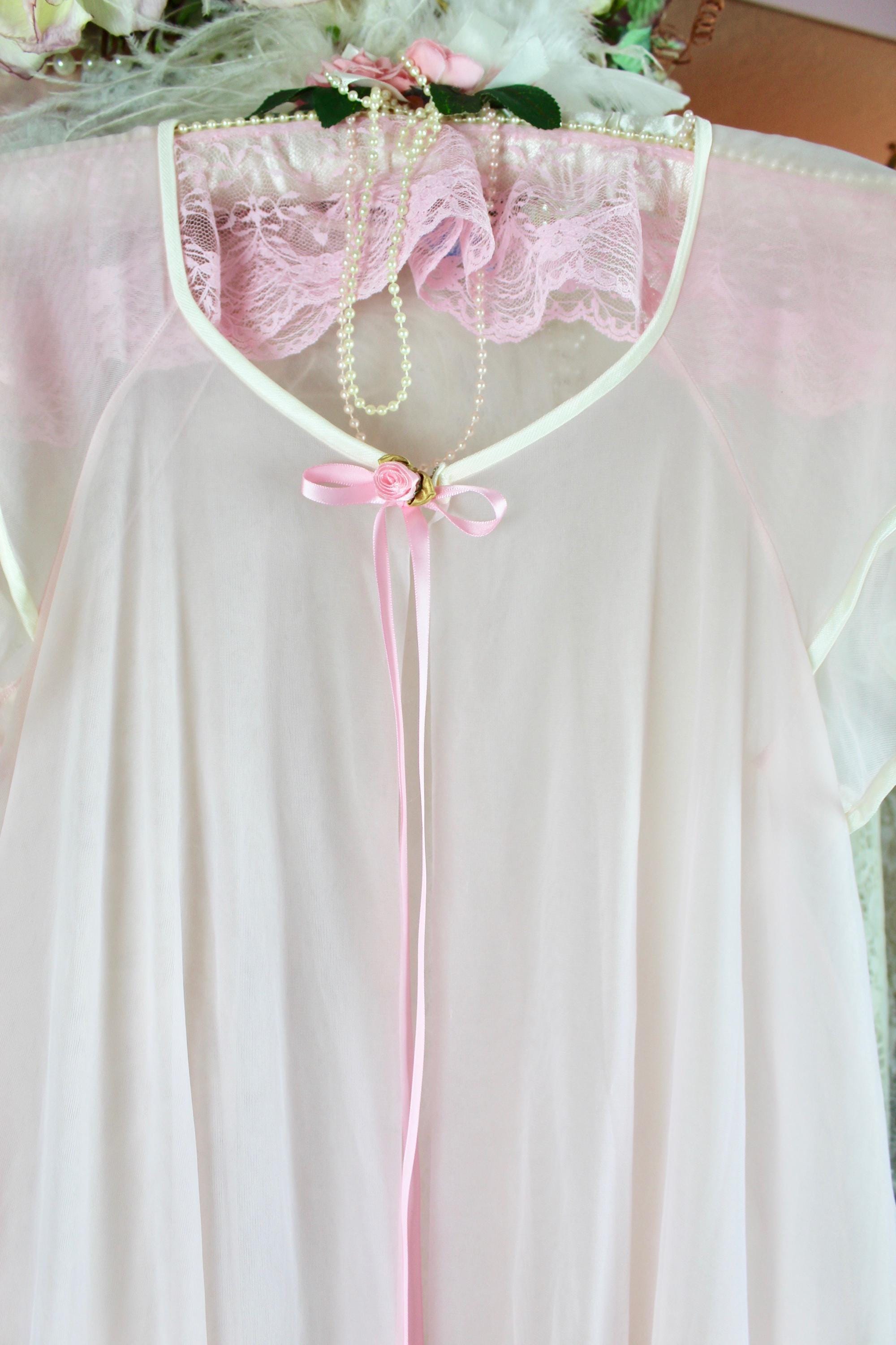 Vintage 70s Pink Sheer Val Mode Long Robe Slip, Sleepwear Robes, Floral ...