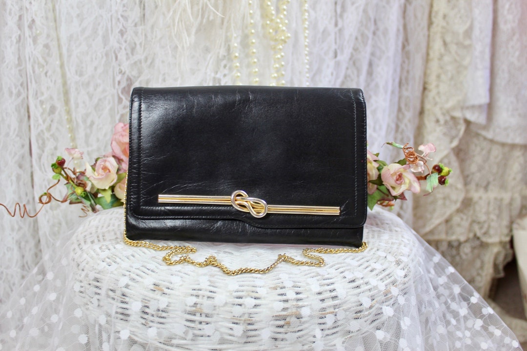 Vintage 60s Susan Gail Black Leather Shoulder Purse, Gold Chain, Chrome ...