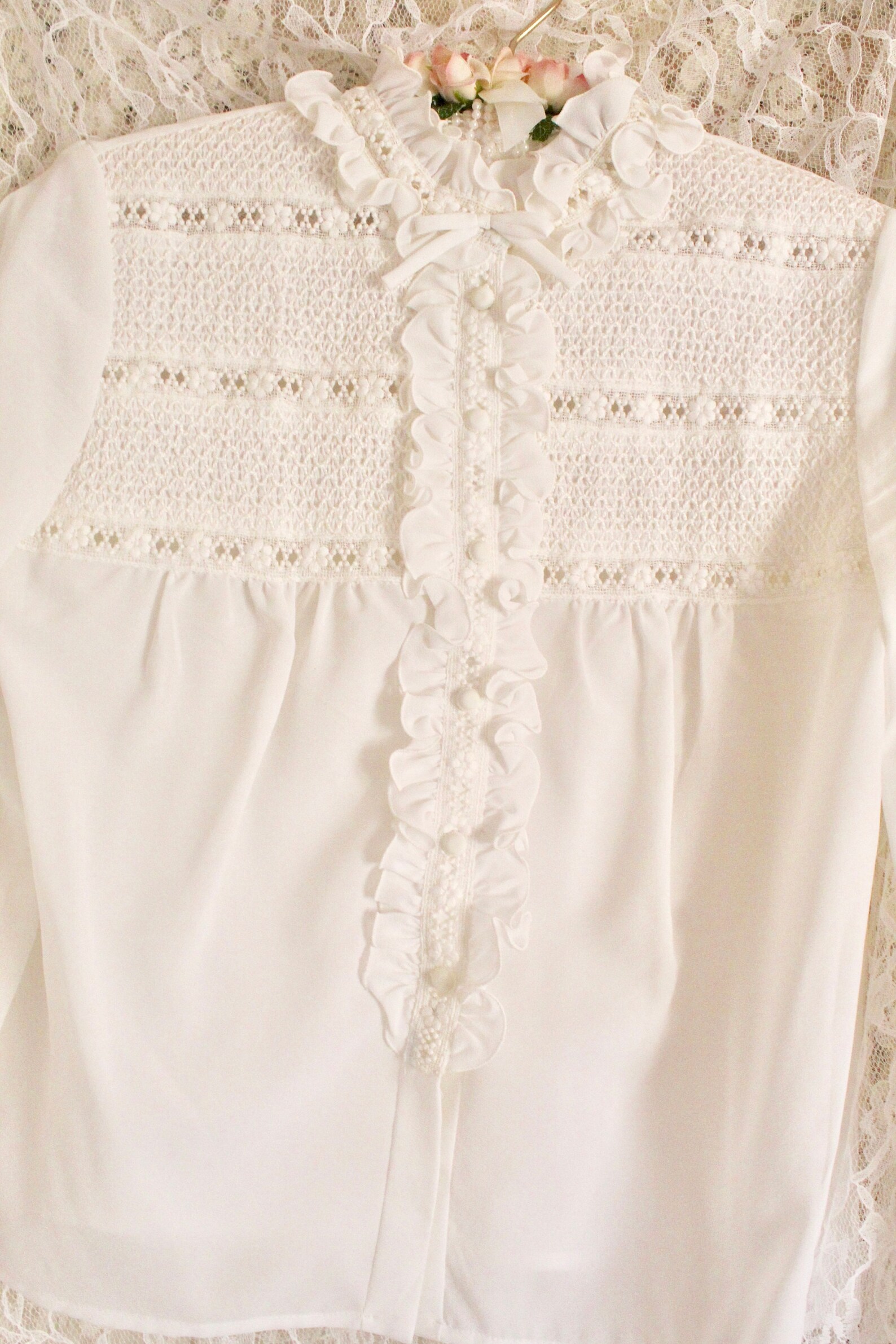 Vintage 70s Cream Ruffled High Neck Blouse Romantic Floral - Etsy