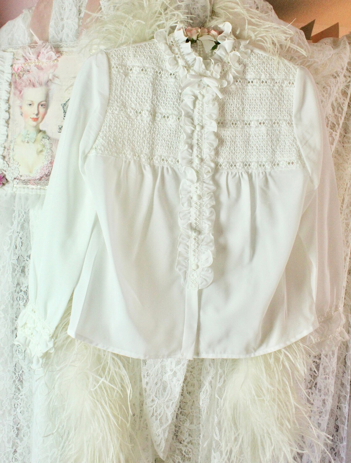 Vintage 70s Cream Ruffled High Neck Blouse Romantic Floral - Etsy