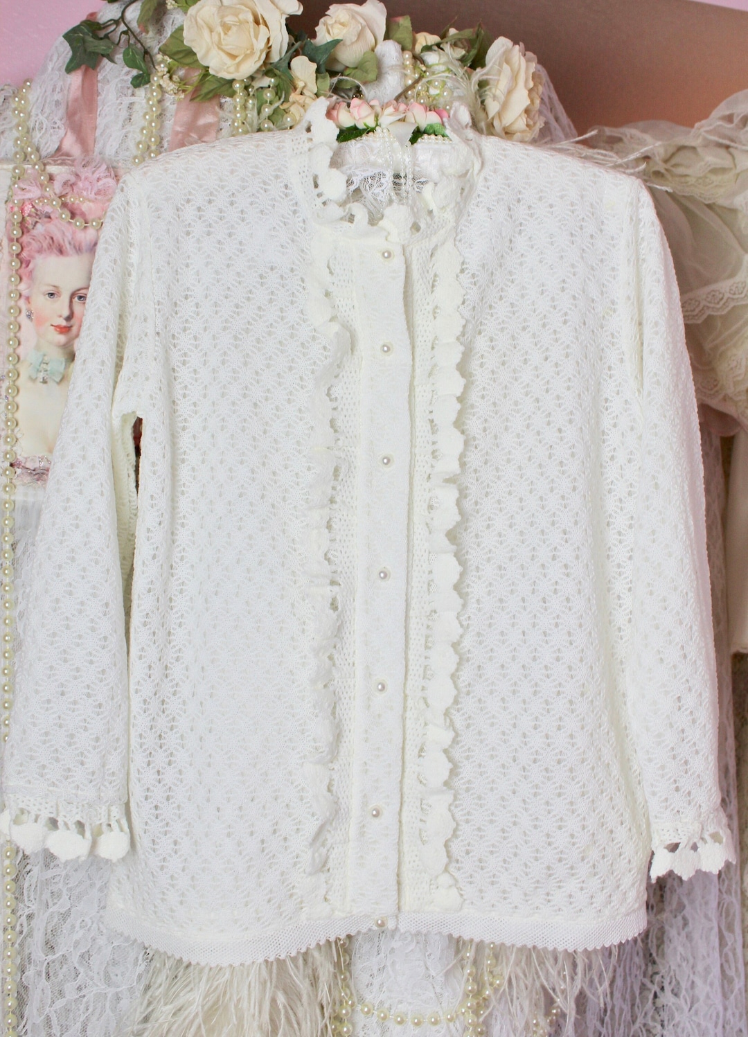 Vintage 60s 70s White Edwardian Crochet Knit Sweater Cardigan, High ...