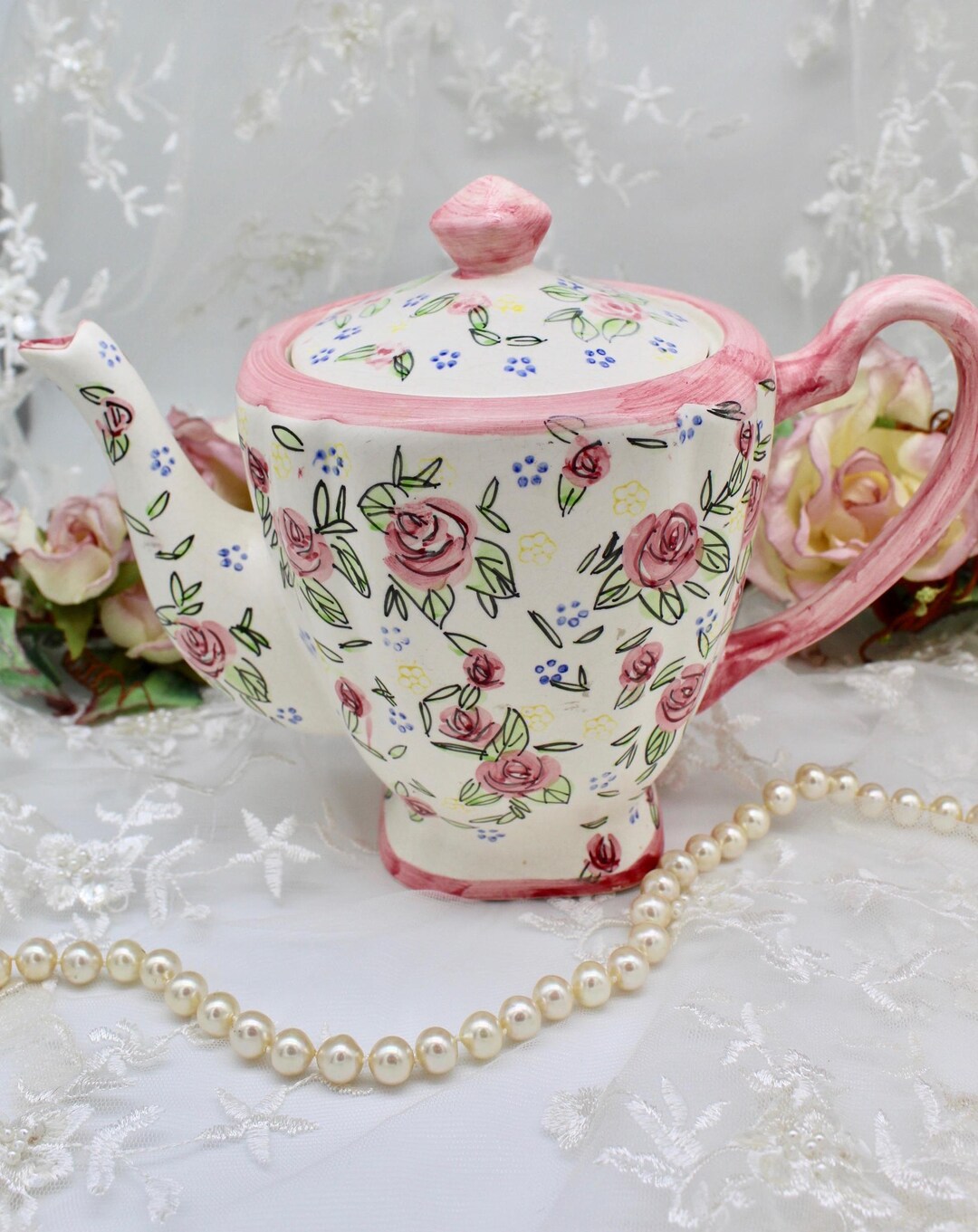 Vintage Pink Rose Teapot, Hand Painted Teapot, Shabby Chic Teapots, Tea ...
