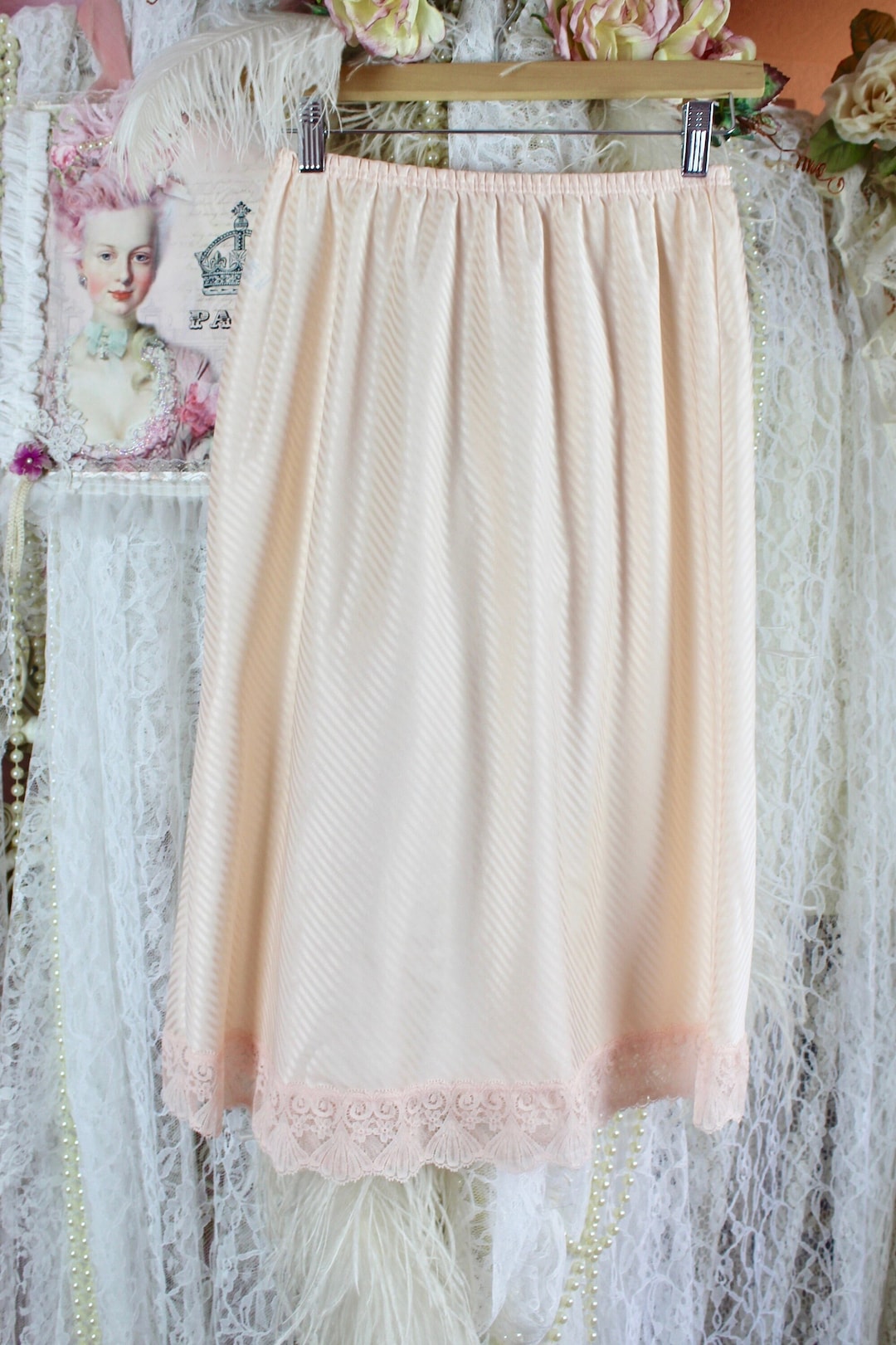 Vintage 80s Vanity Fair Sea Pearl Half Slip, Pattern Stripes, Pink Lace ...