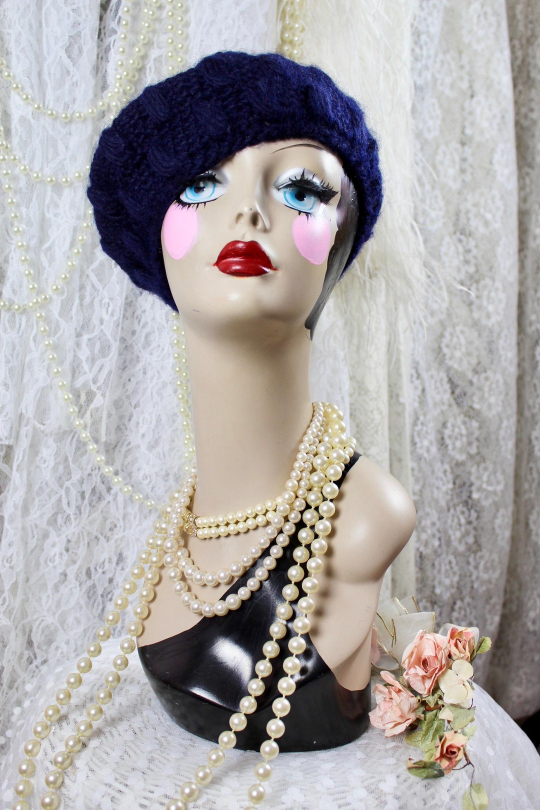 Vintage Handmade Navy Blue Crochet Beret, Preppy Berets, Autumn/winter ...
