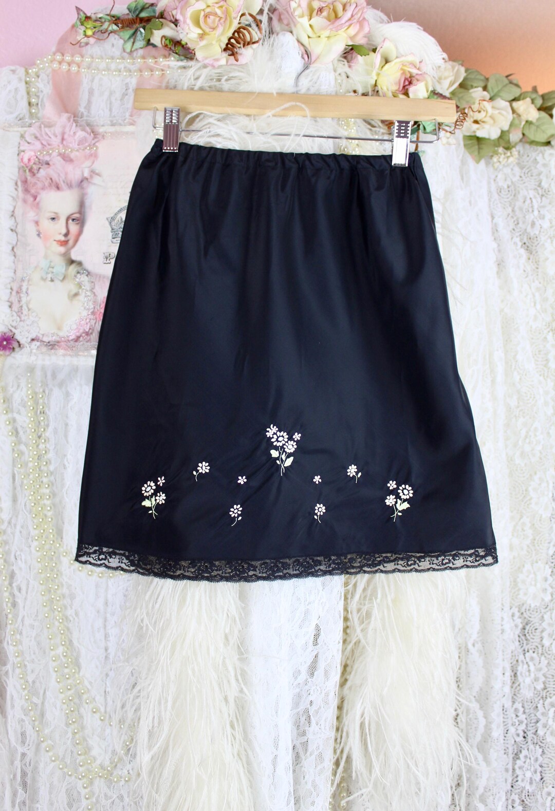 Vintage 50s Chevette Black Embroidered Half Slip, Floral Embroidery ...