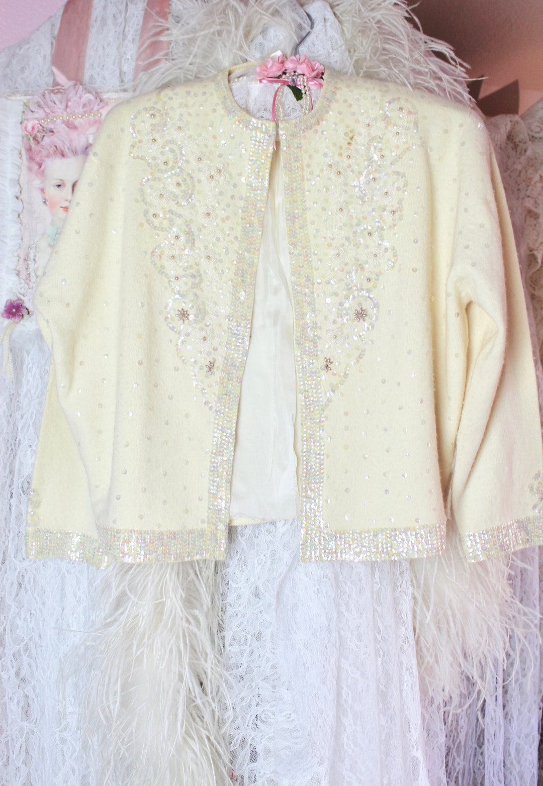 Vintage 60s Gorgeous Ivory Beaded Sequined Cardigan, Elegant Evening ...