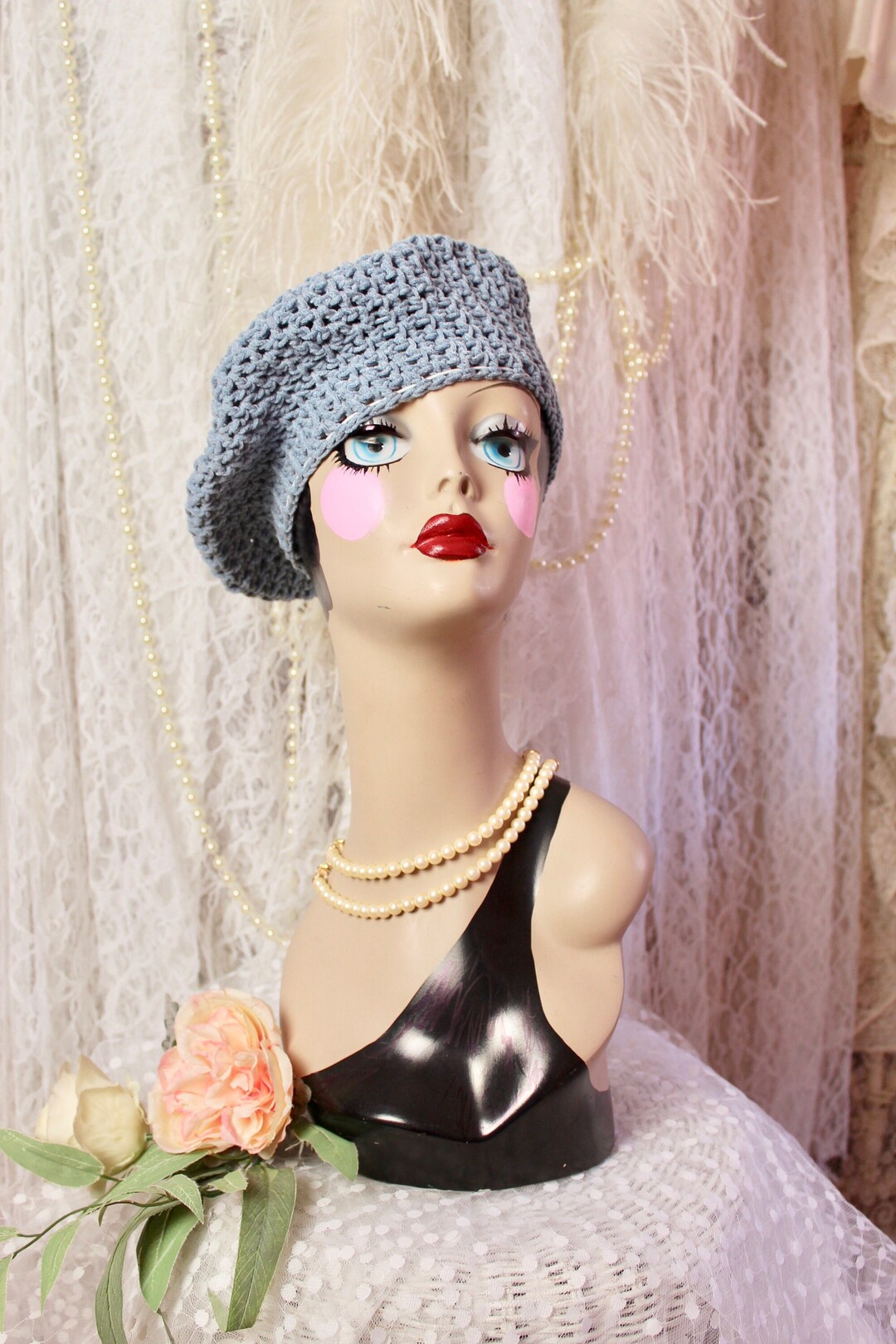 Vintage Blue Crochet Knit Beret, Handmade Berets, Cute Berets, Elastic ...
