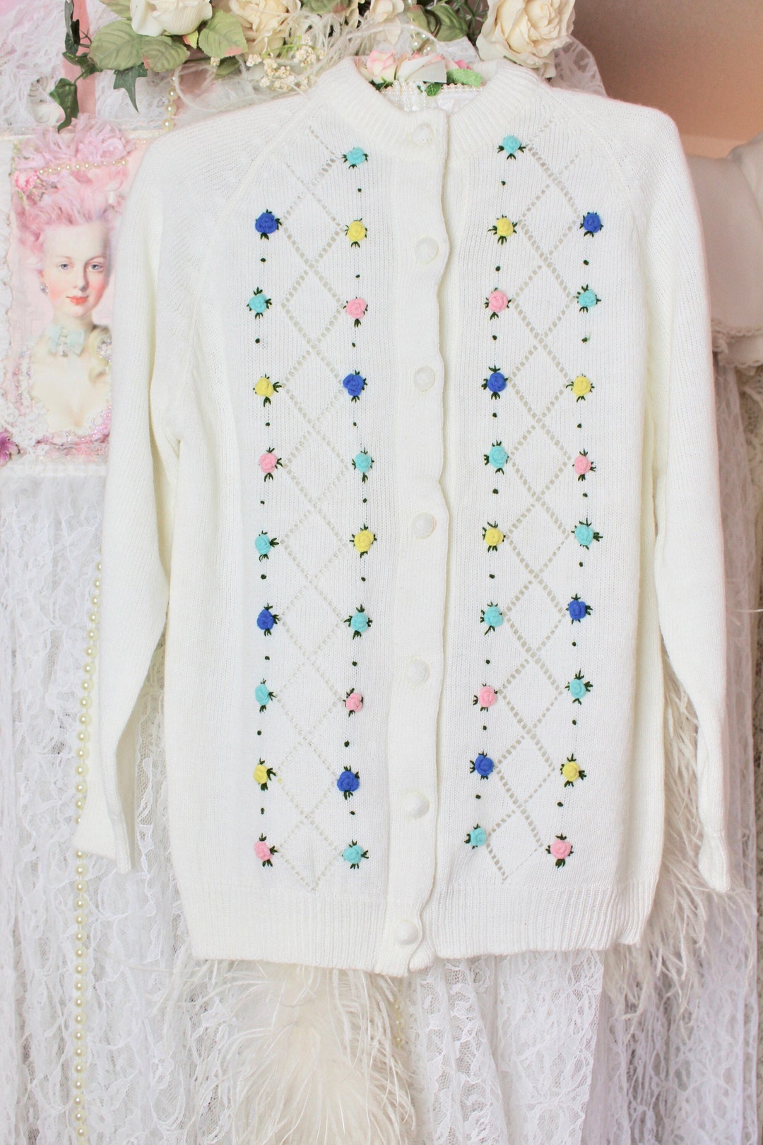 Vintage 60s Floral Knit Cardigan Sweater, Lovely Cardigans, Cozy & Warm ...