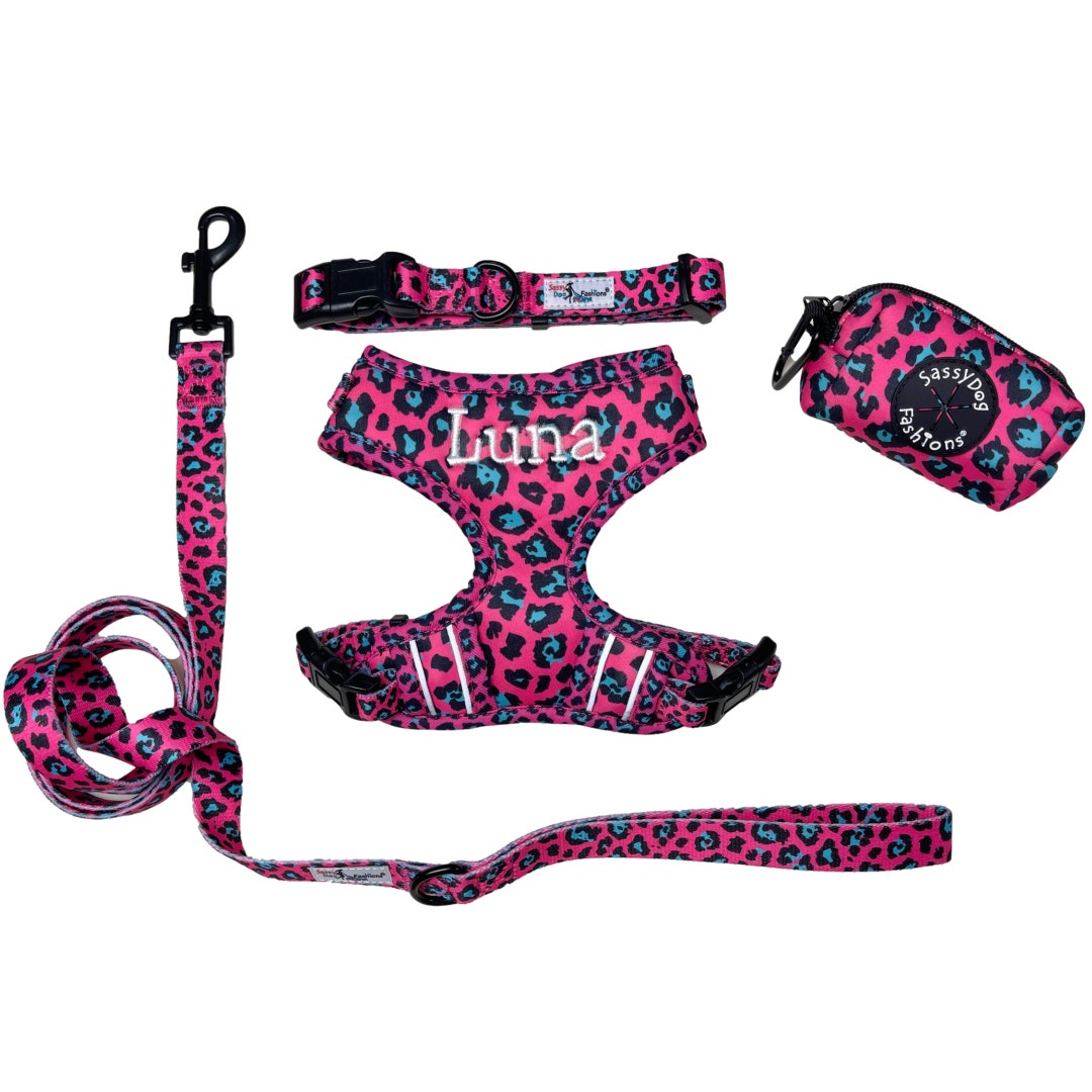 Personalized Pink Leopard Dog Harness and Leash Set & Separates ...