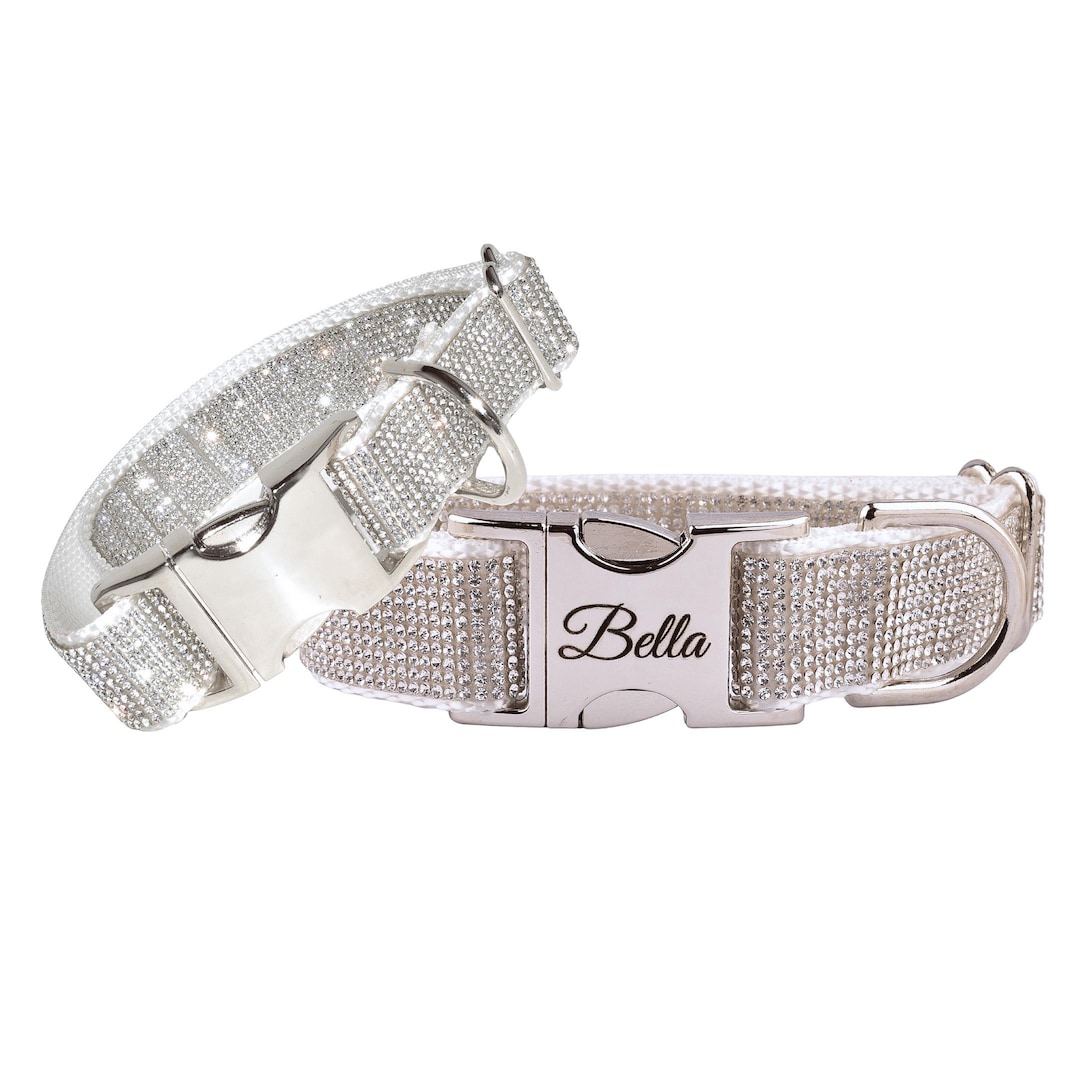 Wedding White Crystal Rhinestone Bling Dog Collar - Engraved ...