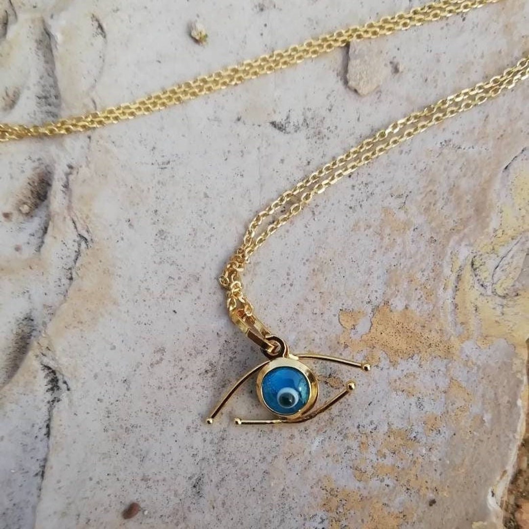 Solid Gold Almond Evil Eye Necklace: Dainty Blue Bead Charm - Etsy