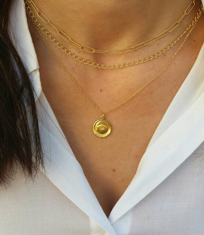 Gold Evil Eye Coin Necklace Paperclip Chain Gold Layered | Etsy