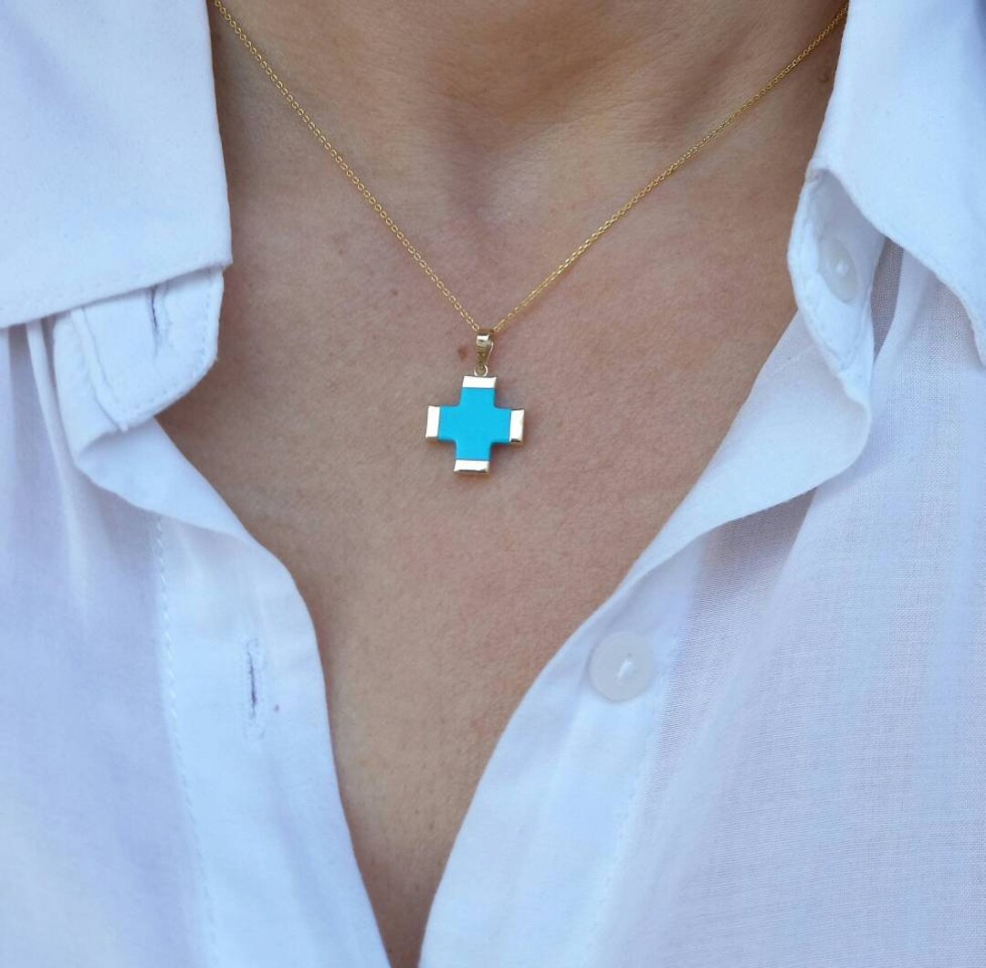Solid Gold Turquoise Cross Necklace, 14K Solid Yellow Gold, Blue ...