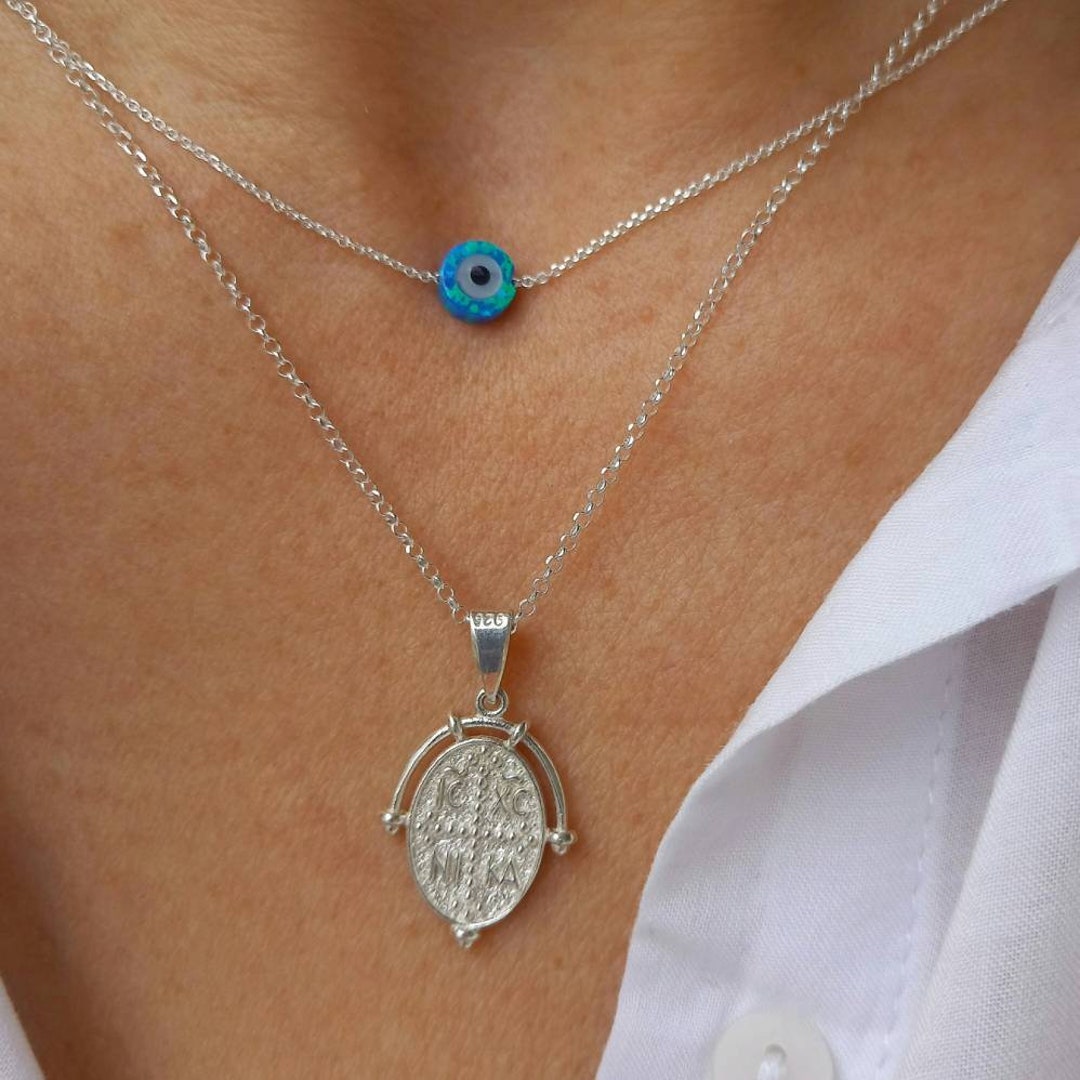 Layered Constantine Coin Necklace With Tiny Opal Evil Eye Pendant ...