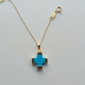14k Solid Gold Turquoise Cross Necklace: Minimalist Gemstone Crucifix ...