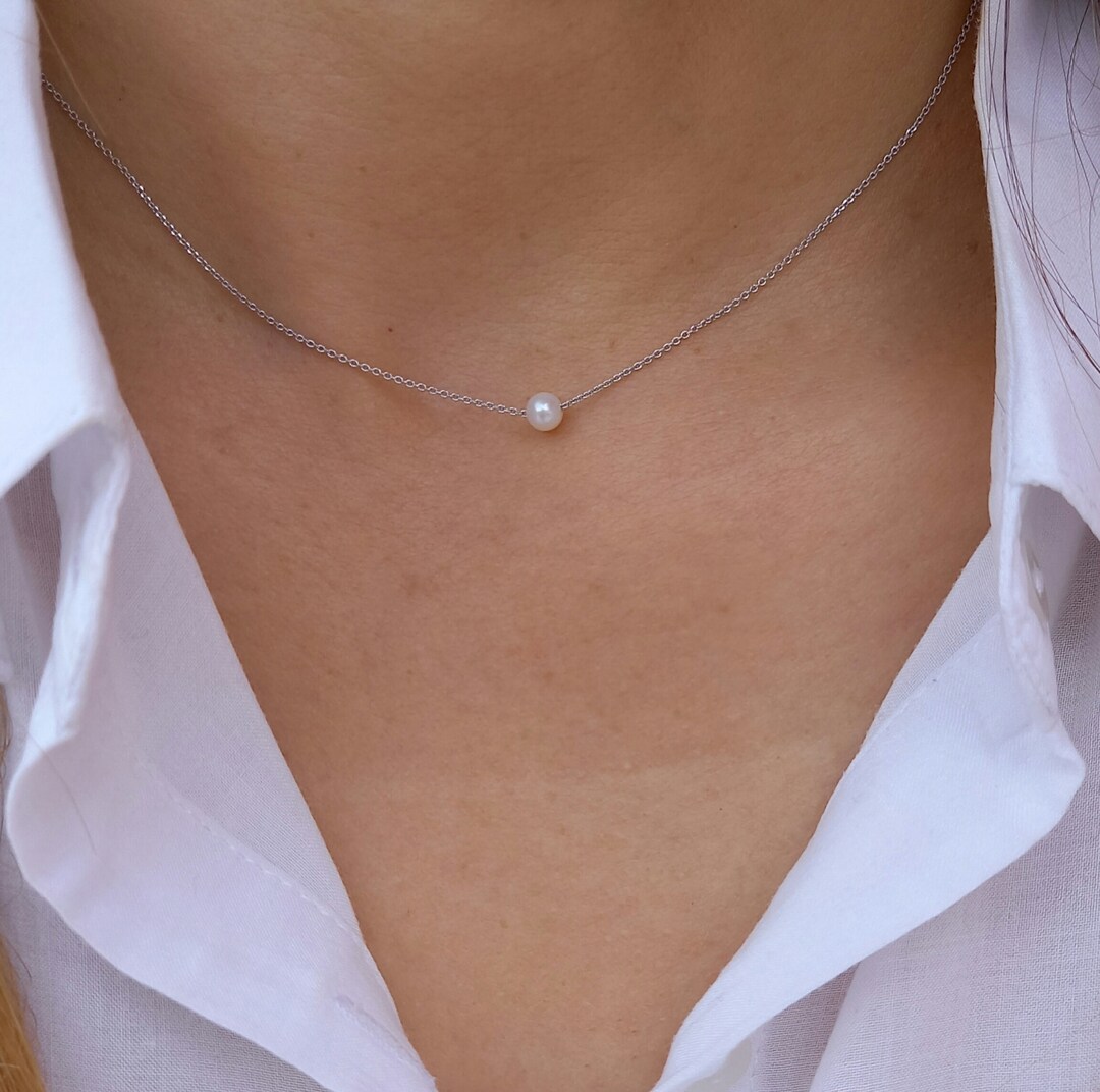 14k White Gold Pearl Necklace: Single Floating Freshwater Pearl - Etsy