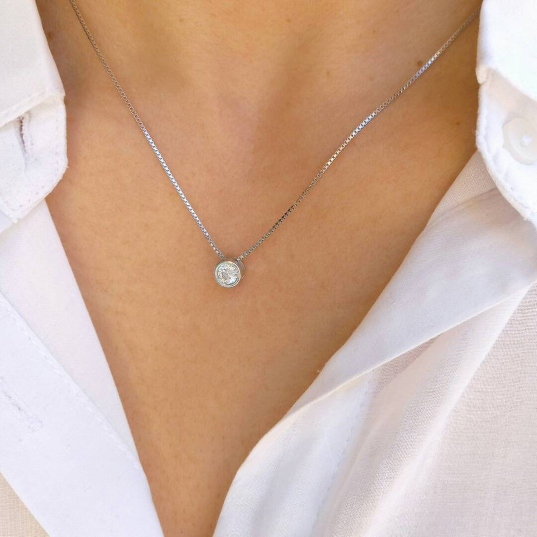 Solitaire Diamond Necklace, 925 Sterlling Silver Box Chain, Diamond ...
