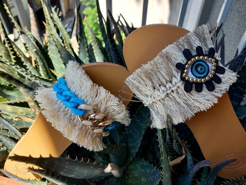 Evil Eye Sandals Turquoise Chain Sandals Greek Leather - Etsy