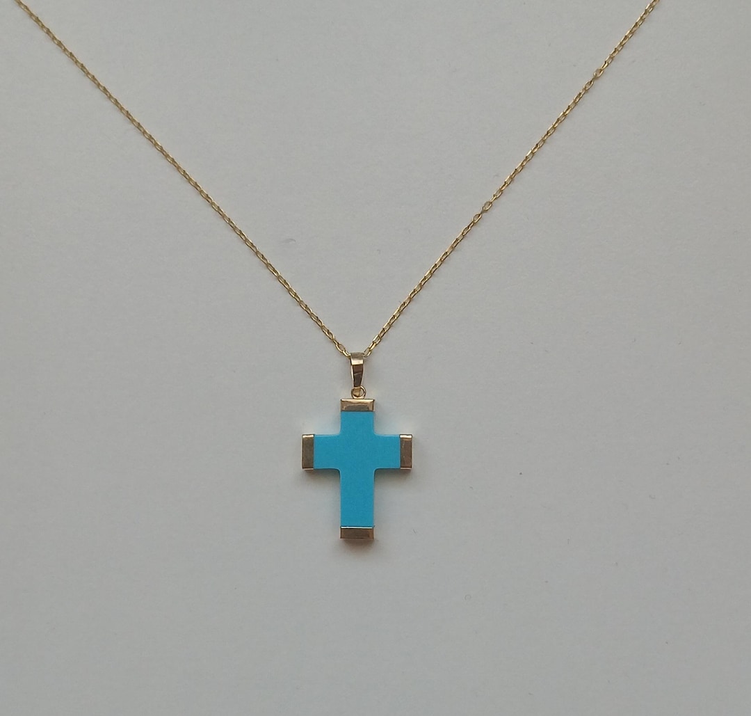 14k Solid Gold Turquoise Long Cross Necklace, 14k Solid Yellow Gold ...