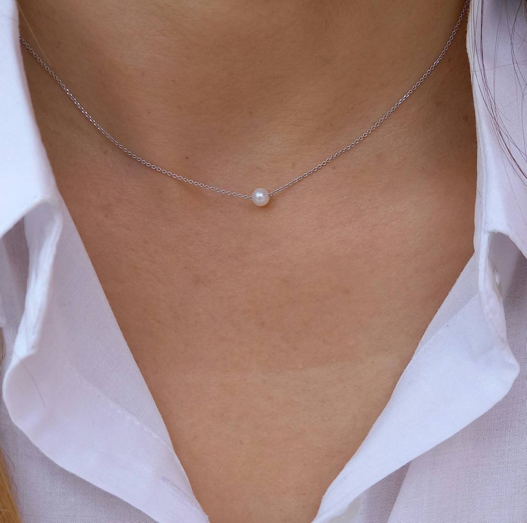 White Solid Gold Pearl Necklace Made Of 14k Single Freshwater Floating