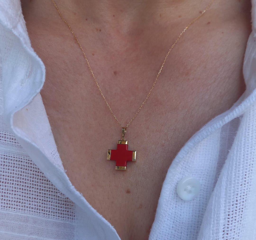 14K Solid Gold Coral Cross Necklace: Minimalist Gemstone Pendant - Etsy