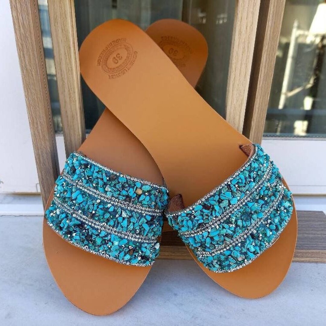 Turquoise Beaded Sandals, Greek Leather Sandals, Turquoise Sandals ...