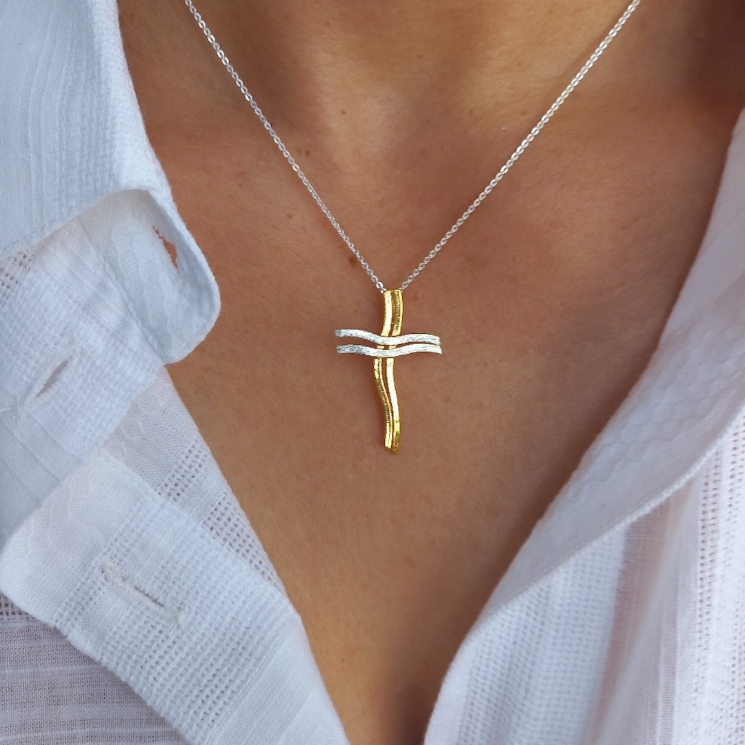 Gold & Sterling Silver Cross Necklace: Greek Handmade Christian Pendant - Etsy
