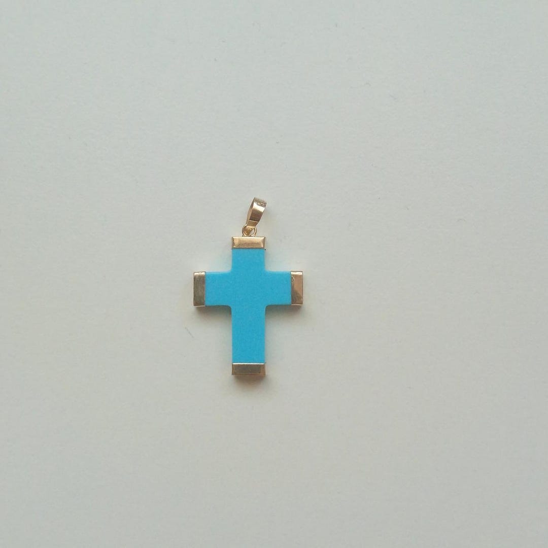 14k Solid Gold Turquoise Long Cross Necklace, 14k Solid Yellow Gold ...