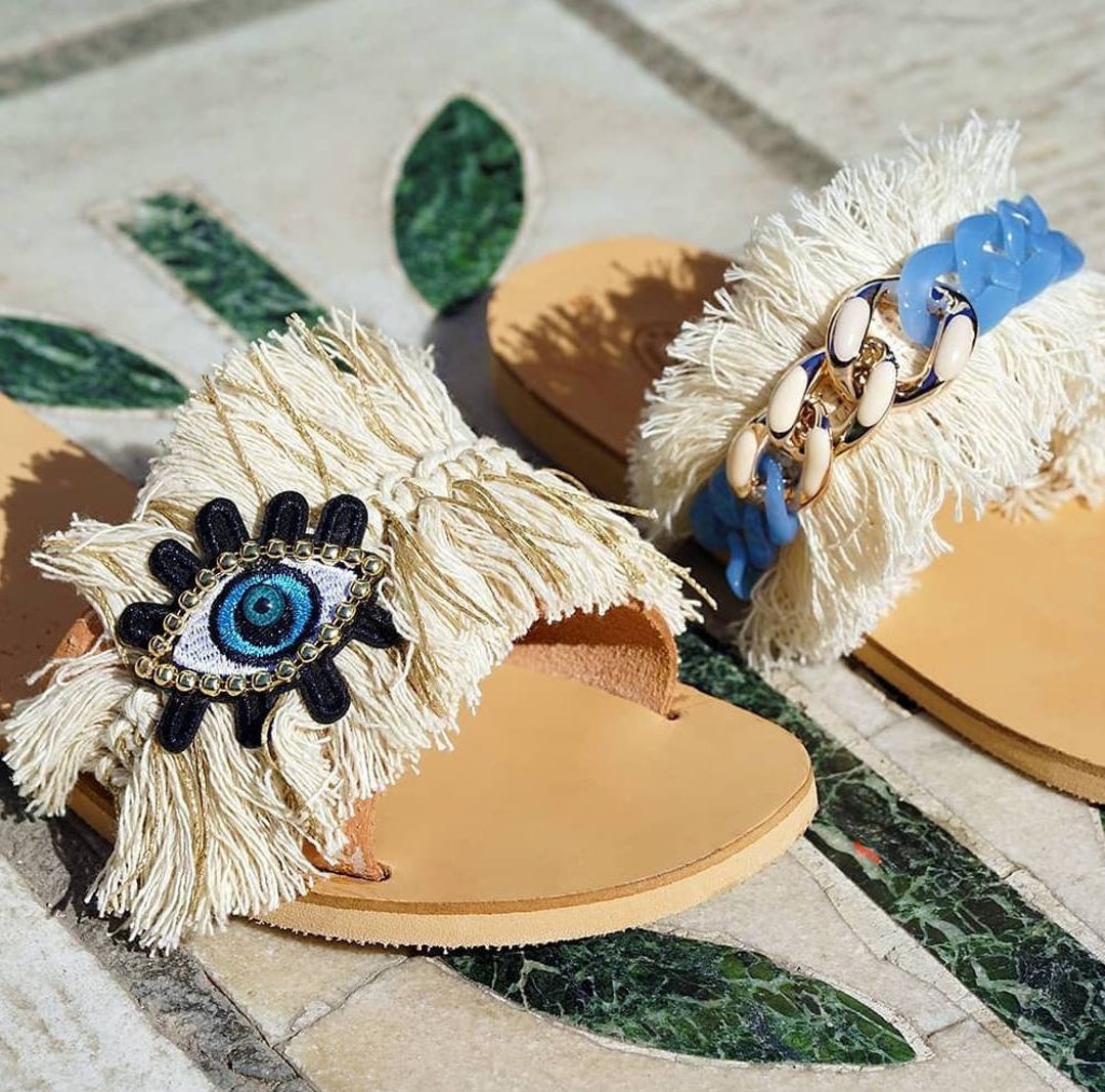 Evil Eye Sandals Turquoise Chain Sandals Greek Leather - Etsy