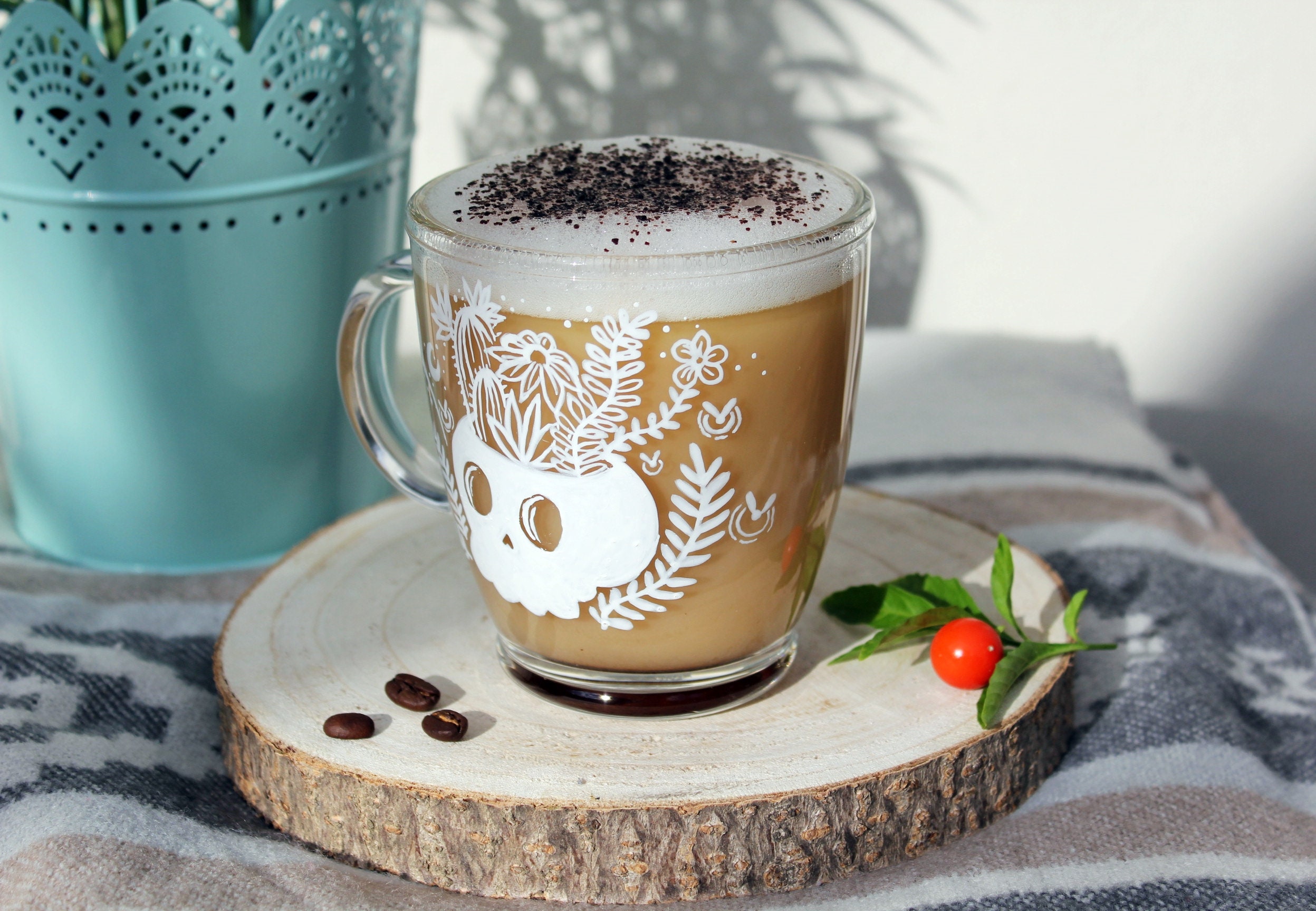 Handpainted Flower Skull Glass Mug Clear Halloween Mug - Etsy