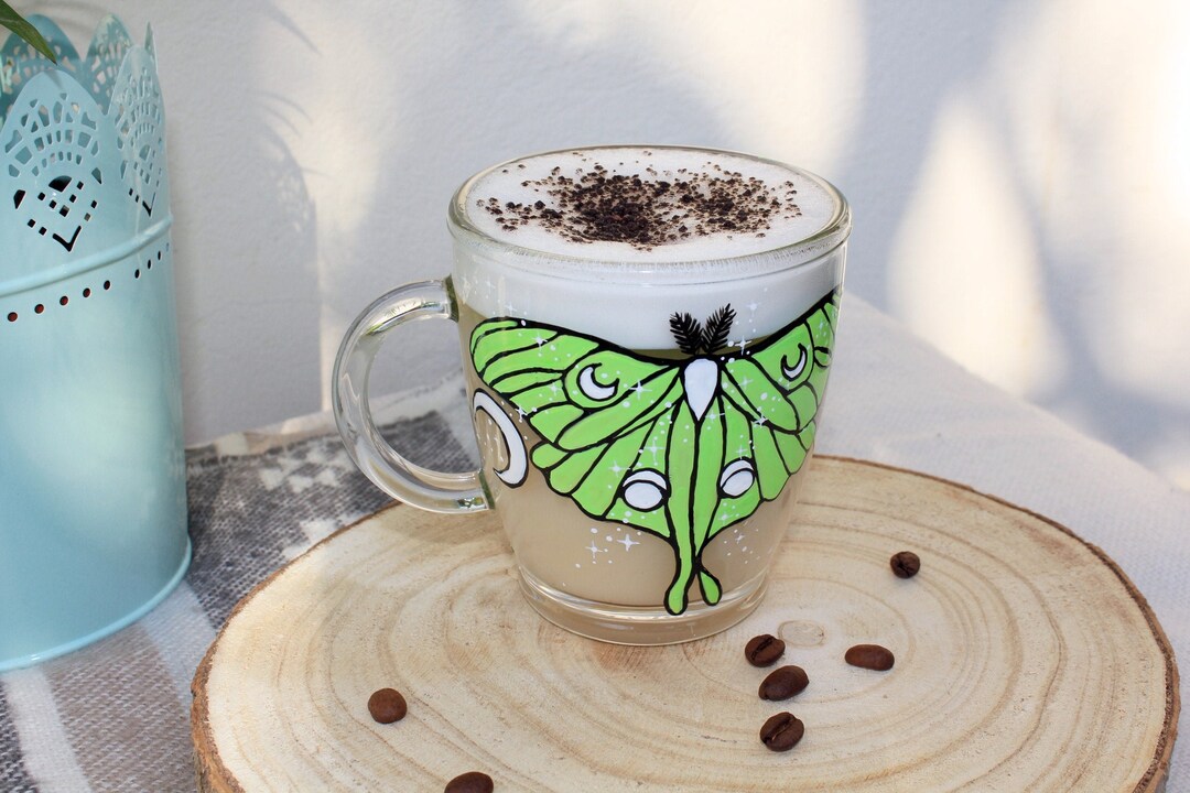 Luna Moth Mug, Handpainted Glass Mug, Witches Tea Cup, Moon Mug ...