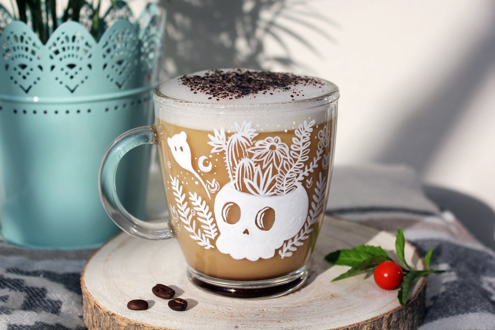 Handpainted Flower Skull Glass Mug Clear Halloween Mug - Etsy
