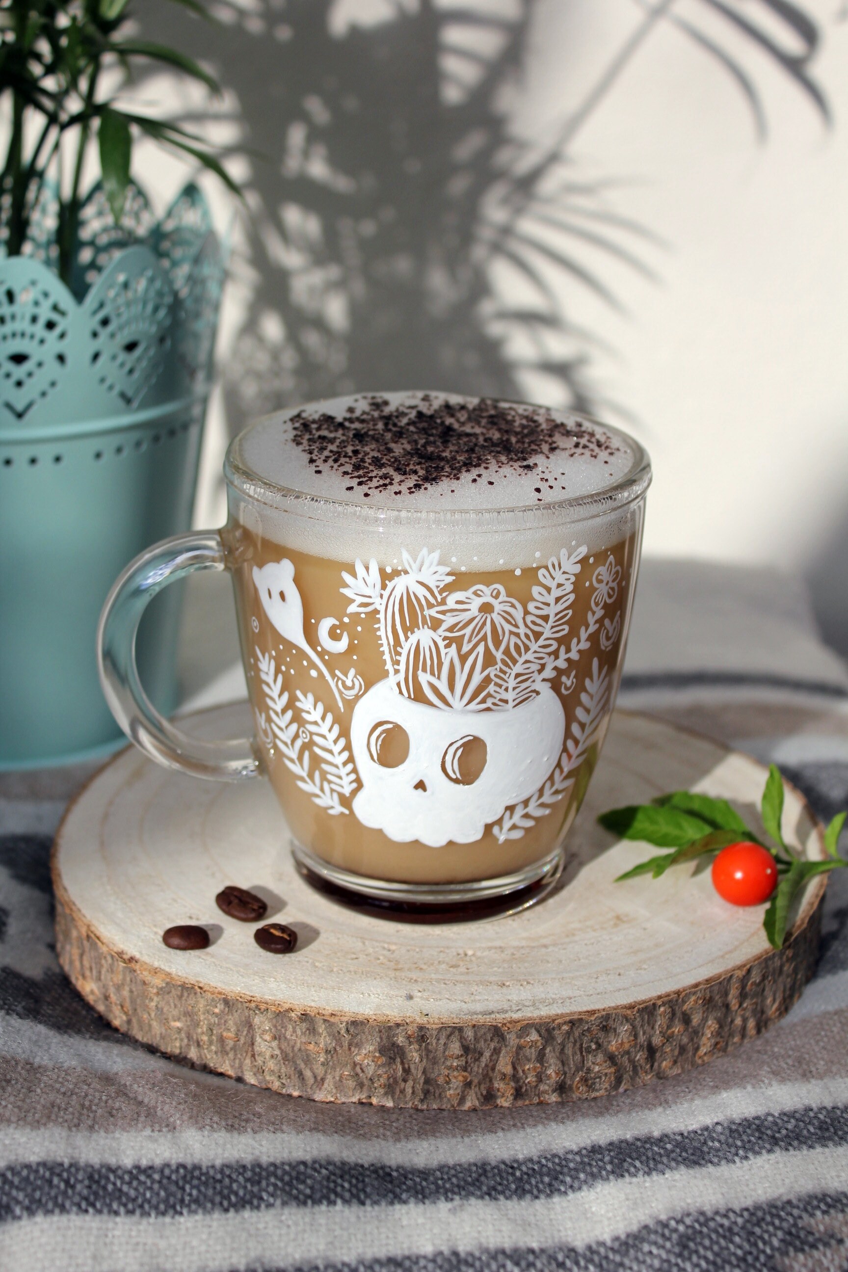 Handpainted Flower Skull Glass Mug Clear Halloween Mug - Etsy