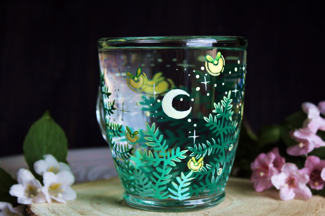 Firefly Glass Mug, Handpainted Fern Cup, Coffee Mug for Her, Fern Mug ...